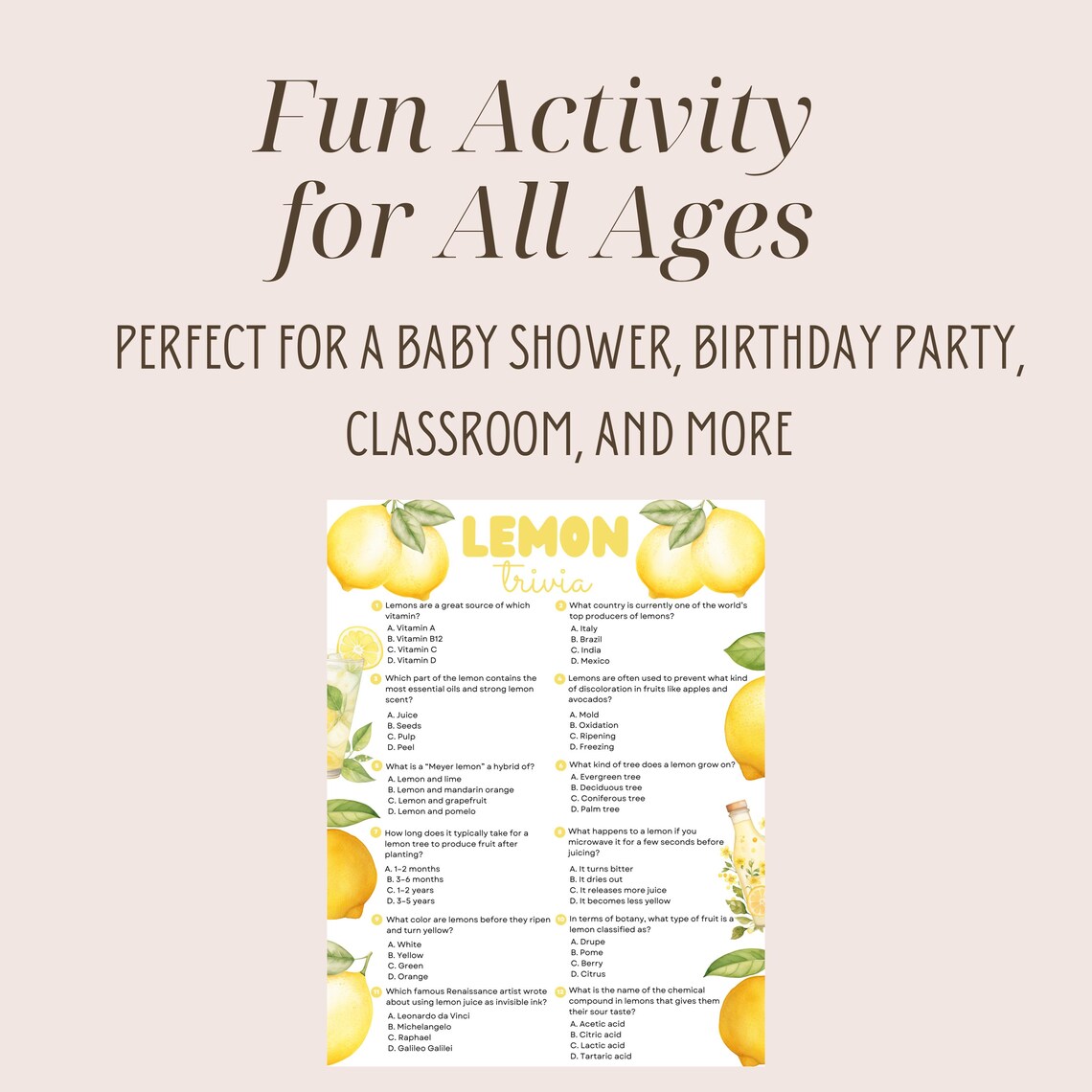 Lemon Trivia Game, Printable Lemon Pie Game for Kids & Adults, Lemon ...