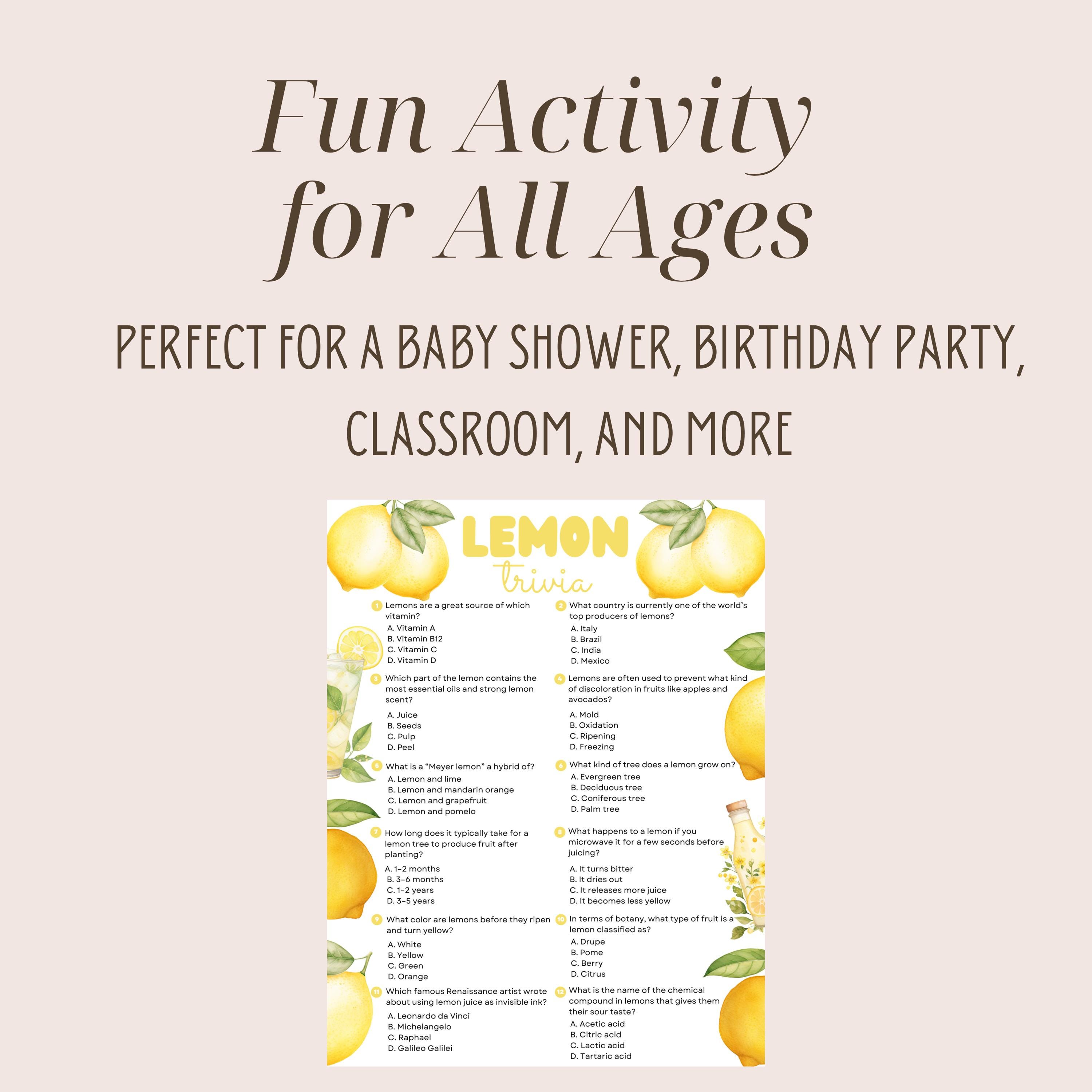 Lemon Trivia Game, Printable Lemon Pie Game for Kids & Adults, Lemon ...