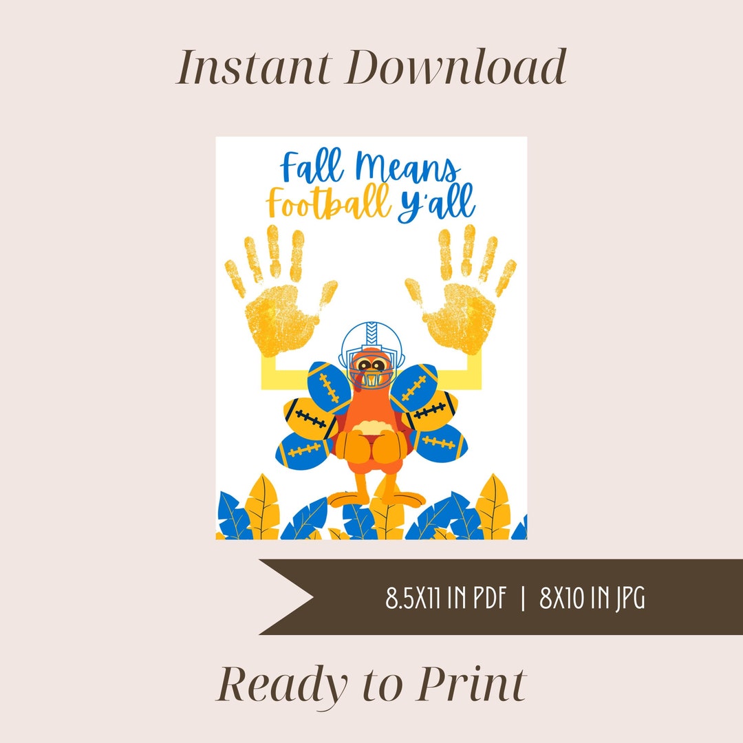 Fall Football Handprint Art, Blue and Gold Turkey Football Handprint ...