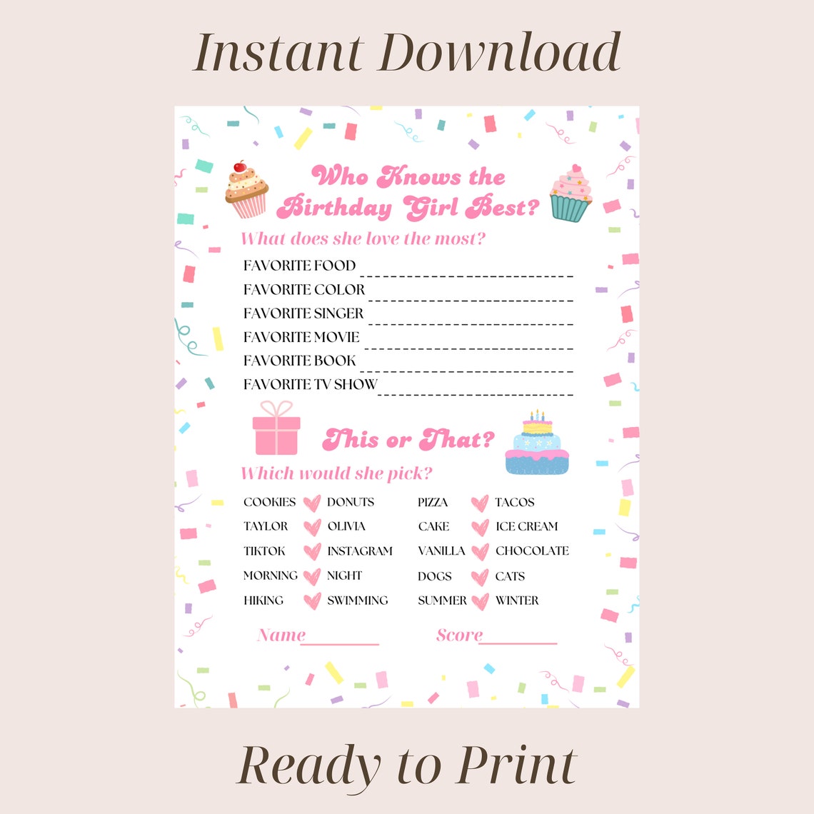 Who Knows the Birthday Girl Best, Birthday Questionnaire Activity ...