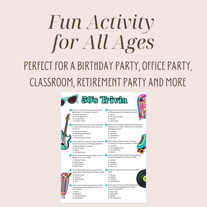 1950's Trivia Game, Printable Trivia Questions, 1950s Themed Party ...