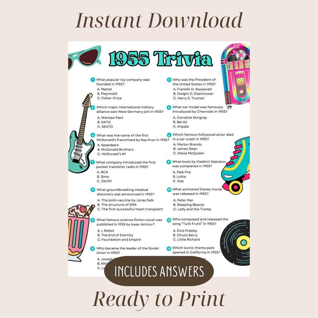 1955 Trivia Game, Printable 1955 Birthday Games, 1955 Reunion Party ...