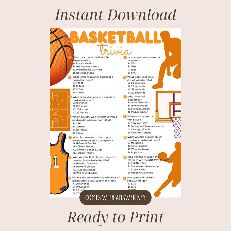Basketball Trivia Game, Printable Basketball Party Game for Adults ...