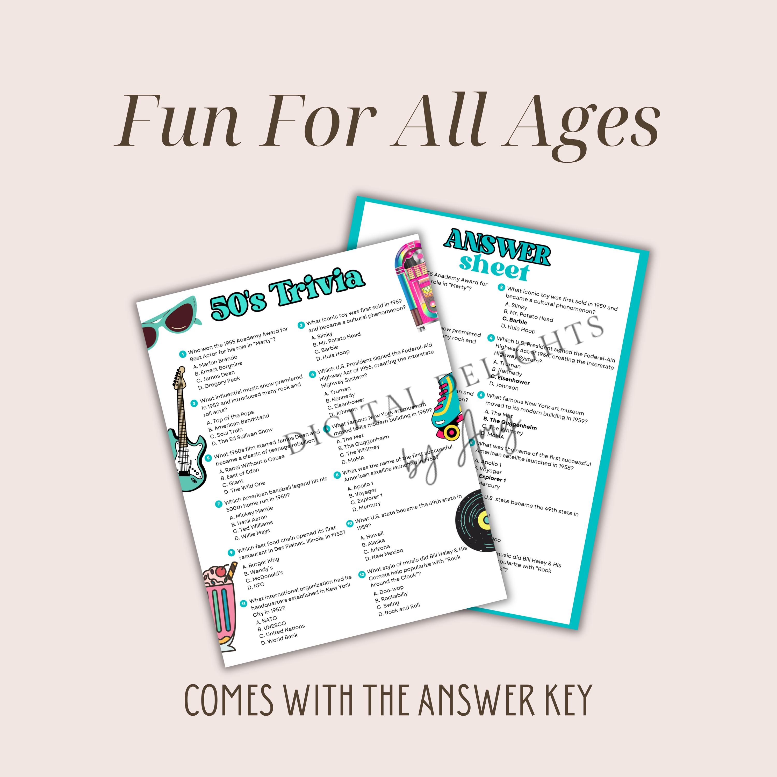 1950's Trivia Game, Printable Trivia Questions, 1950s Themed Party ...