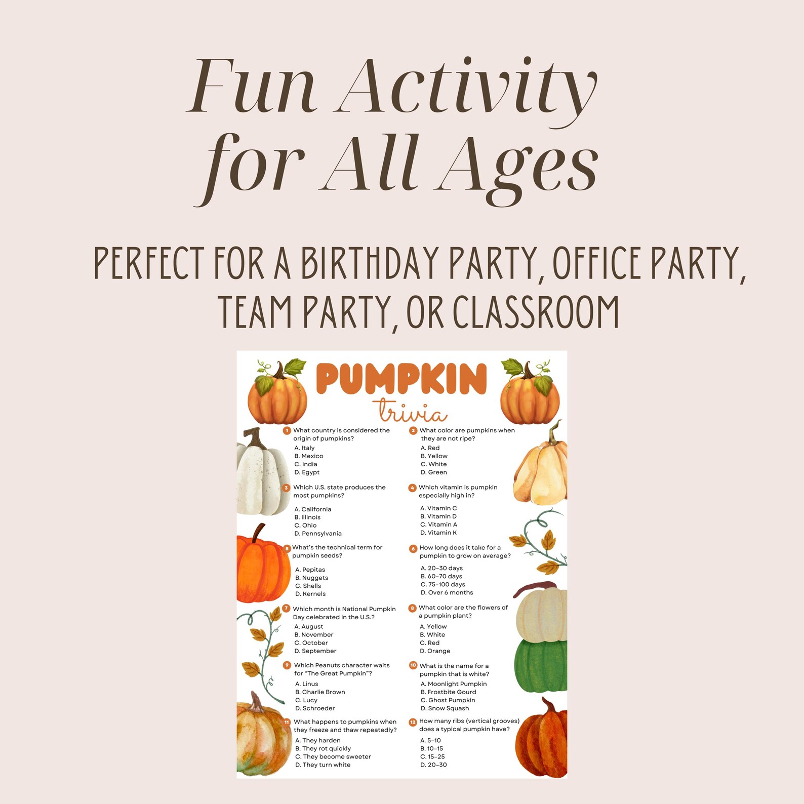 Pumpkin Trivia Game, Printable Halloween Party Trivia, Fall Themed ...