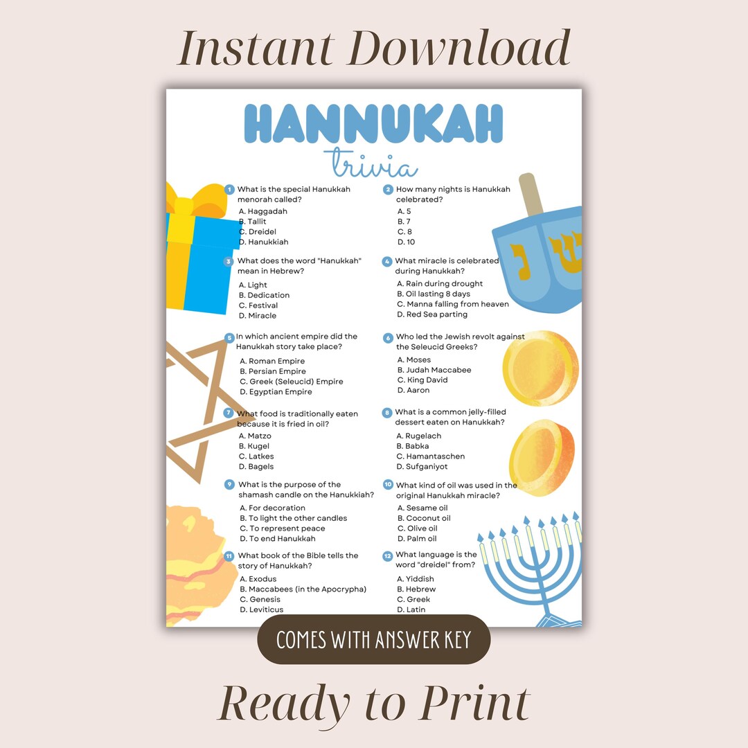 Hannukah Trivia Game, Holiday Theme Printable, Winter Trivia, Chanukah ...