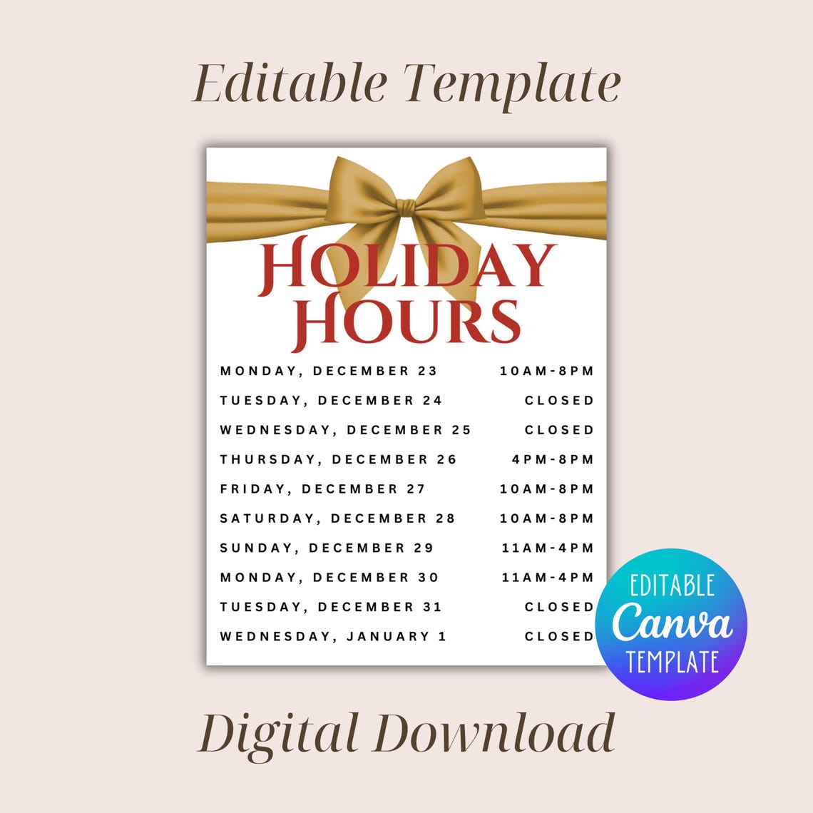 Holiday Hours Printable Sign, Business Holiday Closure Notice, Business ...