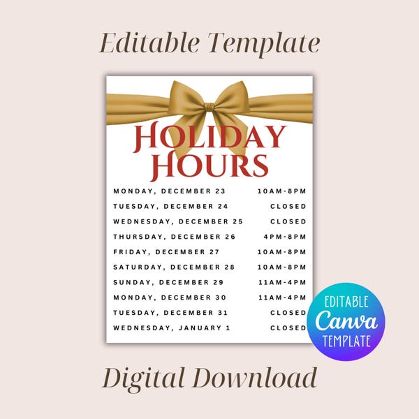 Holiday Hours Printable Signs - Etsy