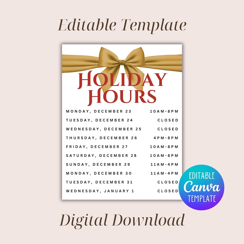 Holiday Hours Printable Sign, Business Holiday Closure Notice, Business Sign for Holiday Hours ...