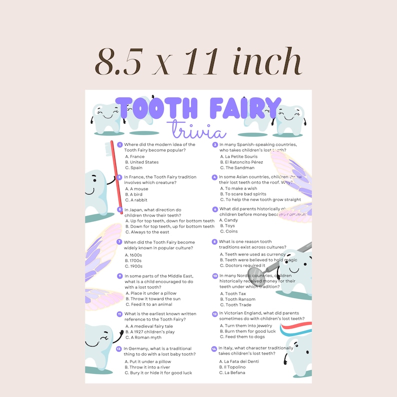 Tooth Fairy Trivia Game, Printable Dental Team Party Game for Adults ...