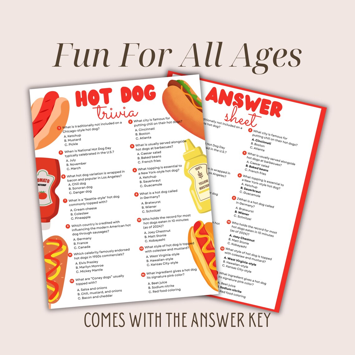 Hot Dog Trivia Game, Printable Hot Dog Party Trivia, National Hot Dog ...
