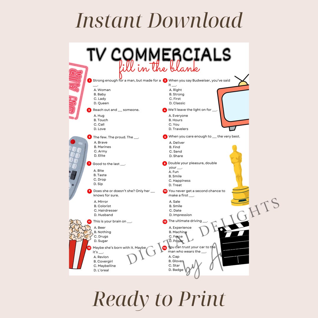 TV Commercial Trivia Game, Ad Slogan Fill in the Blank Quiz, Printable ...