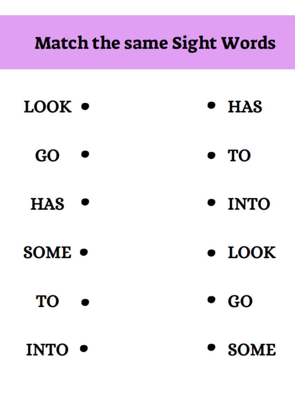 Printable Matching Sight Words Activity Worksheets for Kids Matching 20 ...