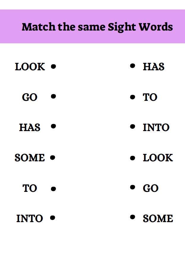 Printable Matching Sight Words Activity Worksheets for Kids Matching 20 ...