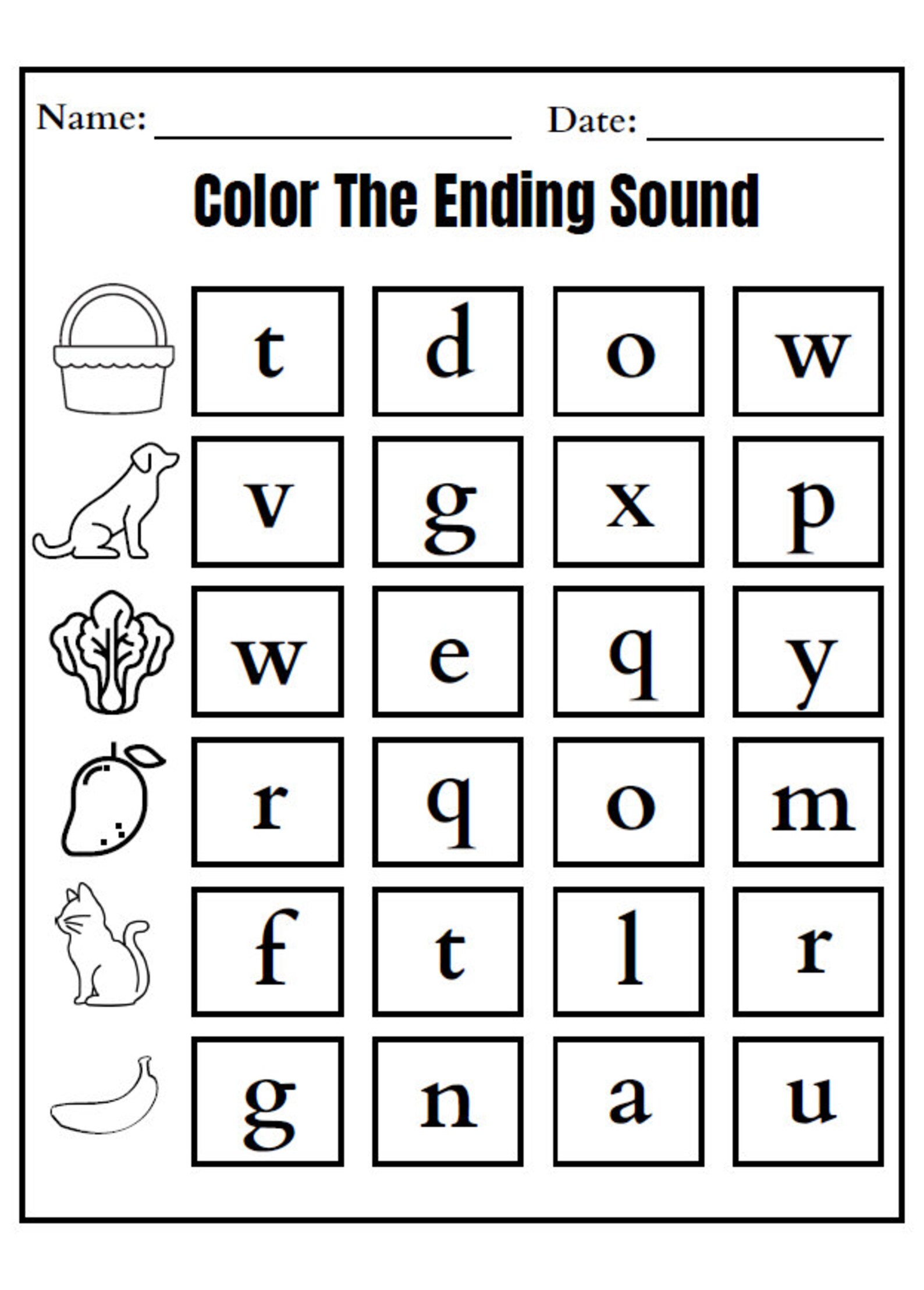 Printable Ending Sound Activity Worksheet Coloring 10 Pages Preschool ...