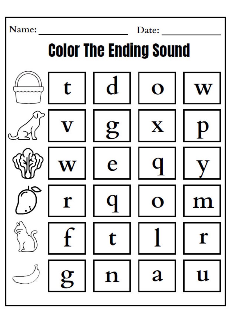 Printable Ending Sound Activity Worksheet Coloring 10 Pages Preschool ...
