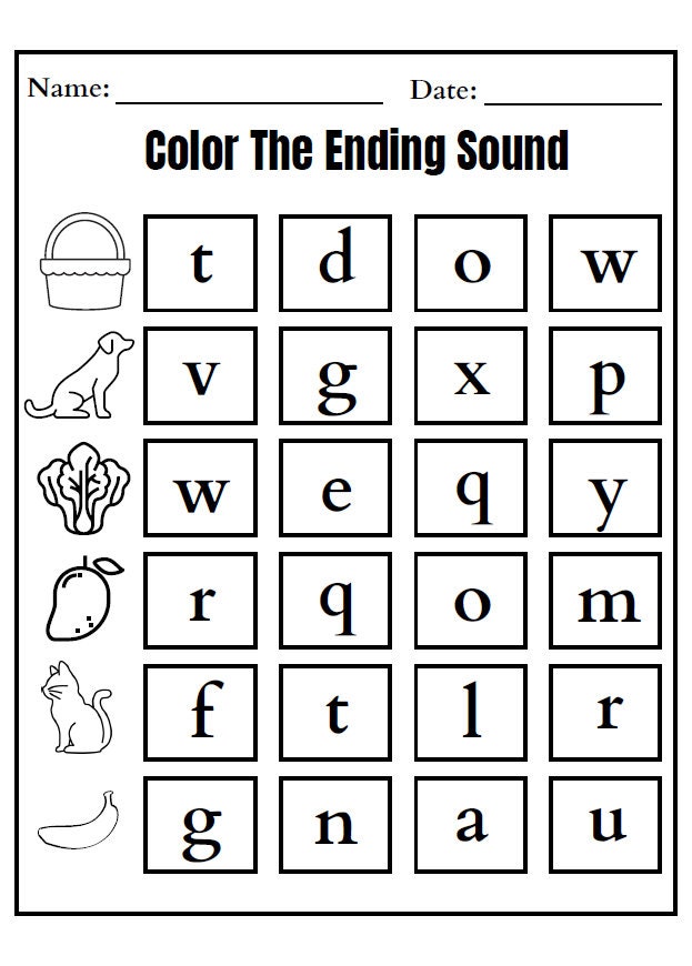 Printable Ending Sound Activity Worksheet Coloring 10 Pages Preschool ...