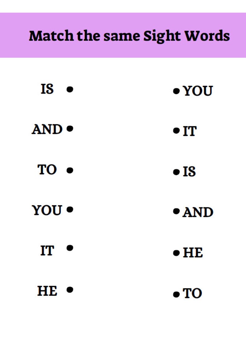 Printable Matching Sight Words Activity Worksheets for Kids Matching 20 ...