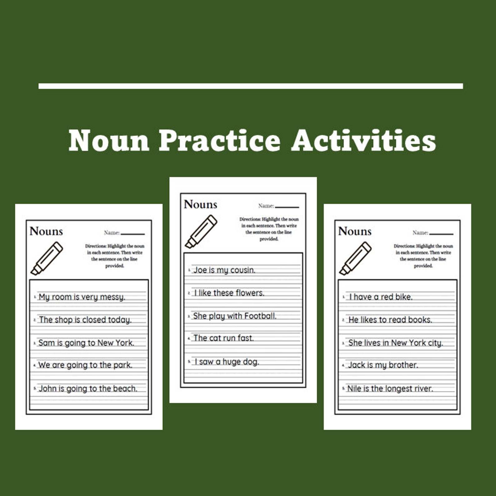 Printable Nouns Activity Worksheets | Writing | Sentences| 10 Pages ...