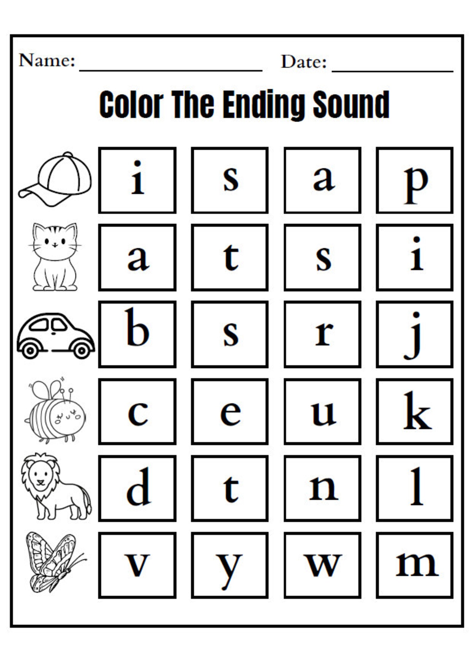 Printable Ending Sound Activity Worksheet Coloring 10 Pages Preschool ...
