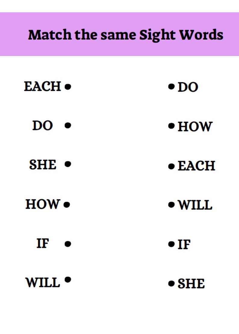 Printable Matching Sight Words Activity Worksheets for Kids Matching 20 ...