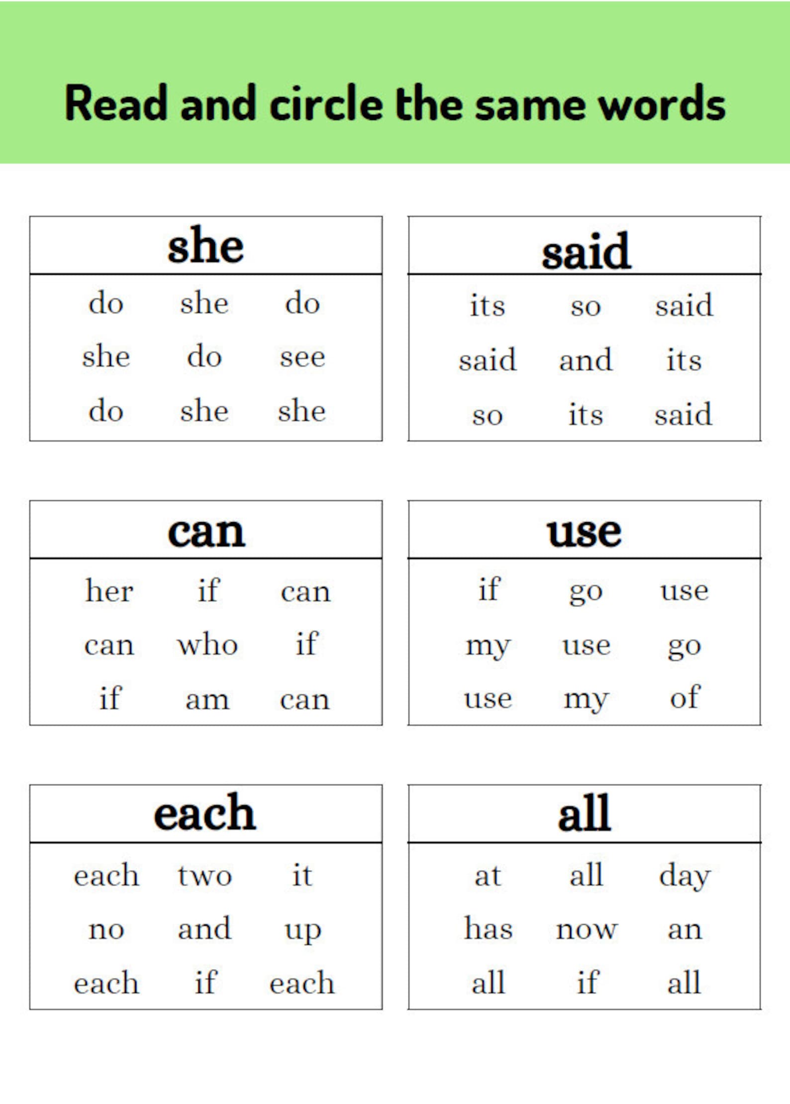 Printable Matching Words Circling Activity Worksheets for Kids Matching ...