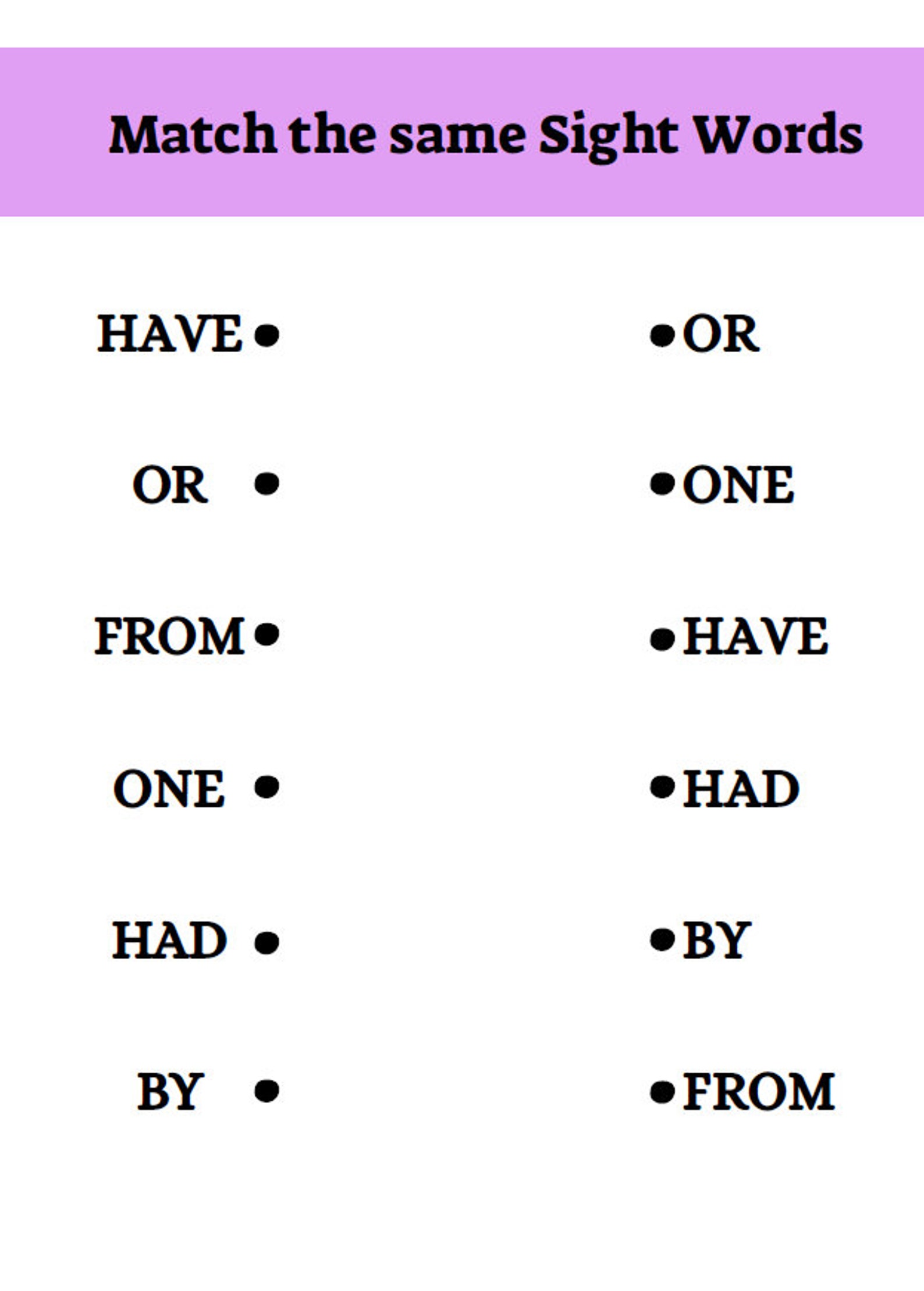 Printable Matching Sight Words Activity Worksheets for Kids Matching 20 ...