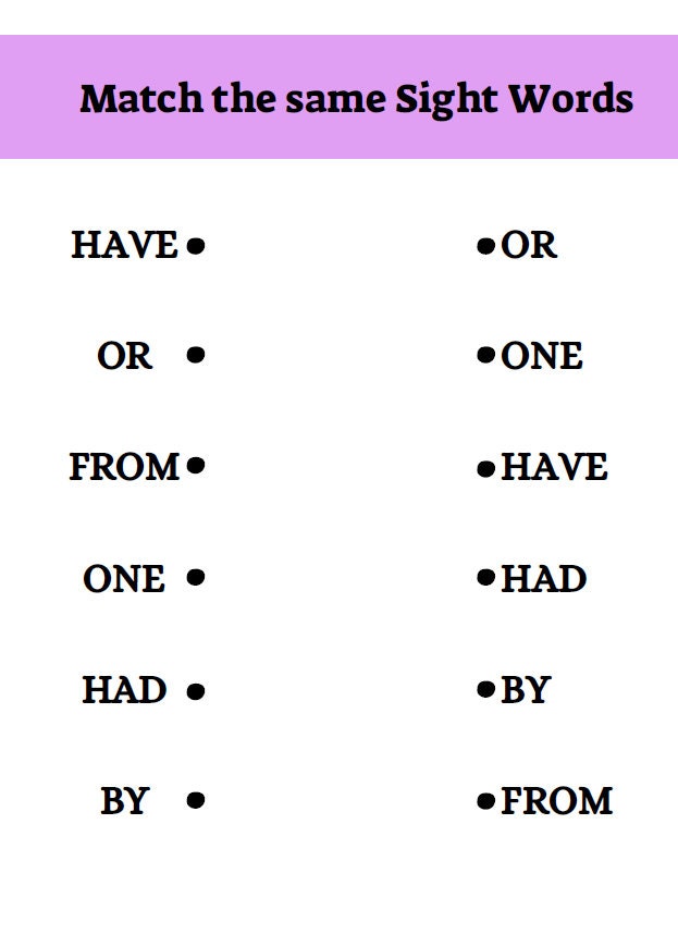 Printable Matching Sight Words Activity Worksheets for Kids Matching 20 ...