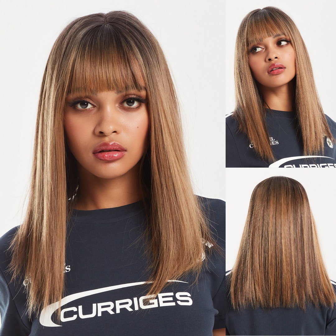 HAIRCUBE Brown Mix Synthetic Wigs With Bangs Straight Wig With Dark ...