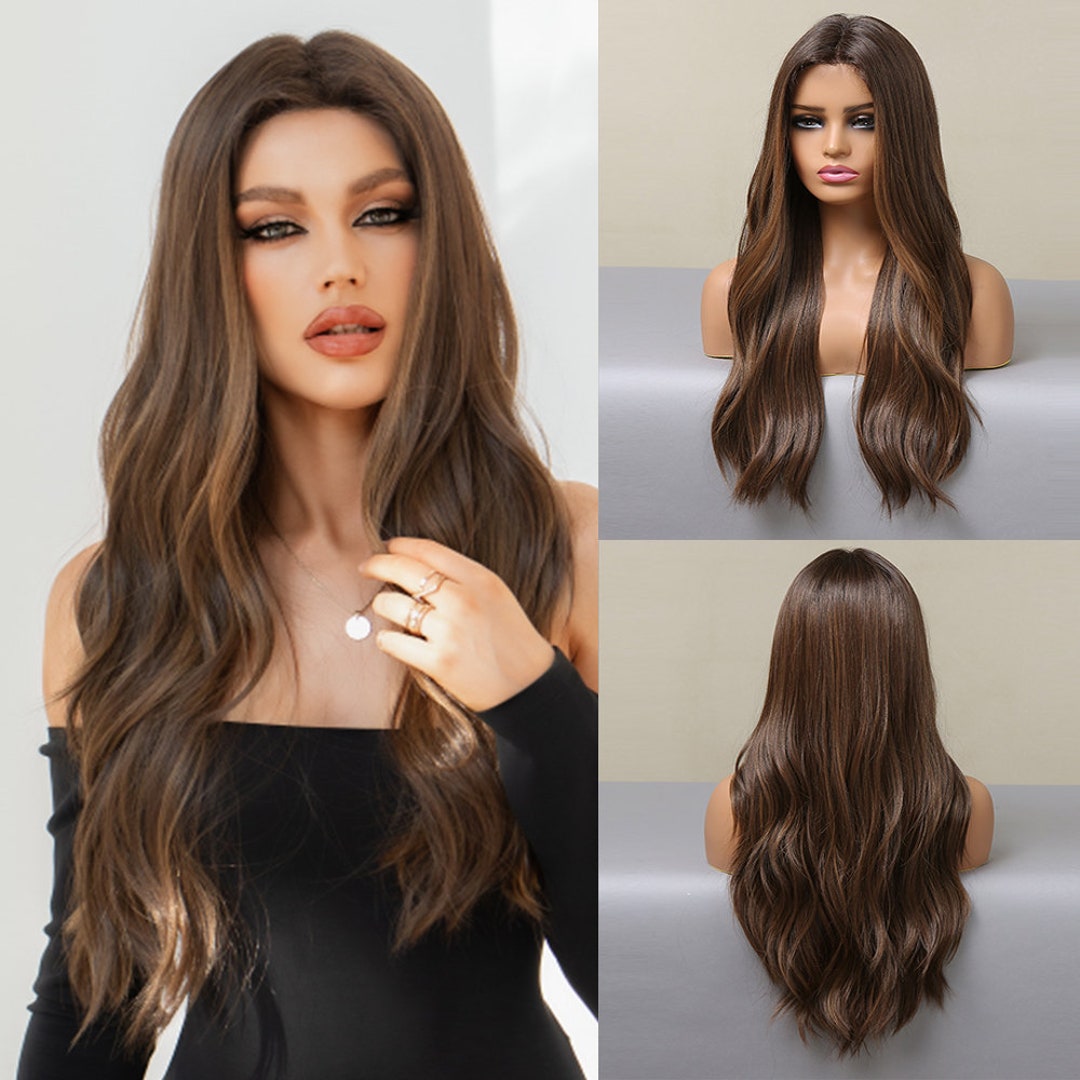 HAIRCUBE Brown Wavy Long Synthetic Lace Front Wigs for Women Curly Wig ...