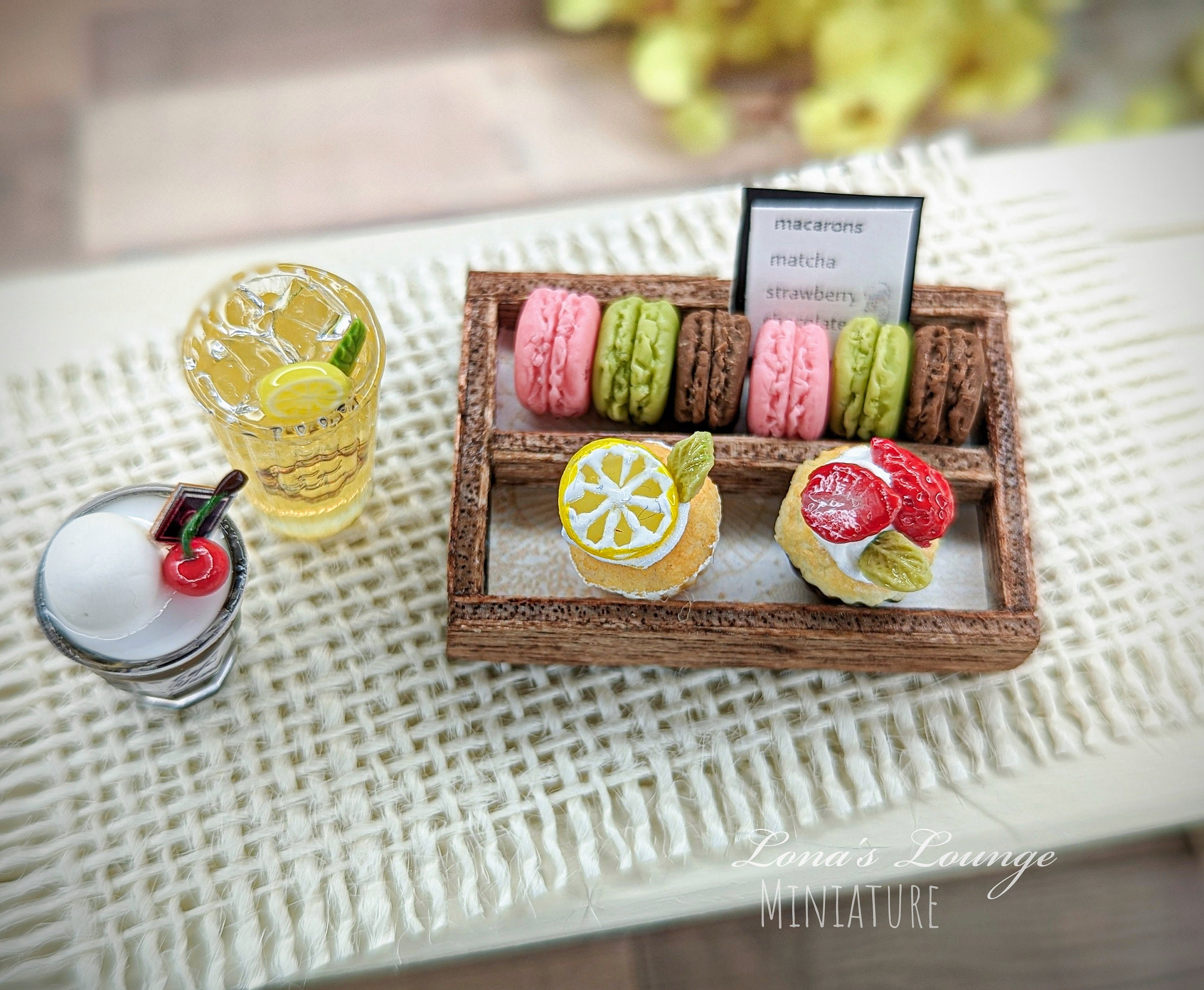1:12 Miniature Tray With Small Macaroons, Cupcakes and Cups of Beverage ...