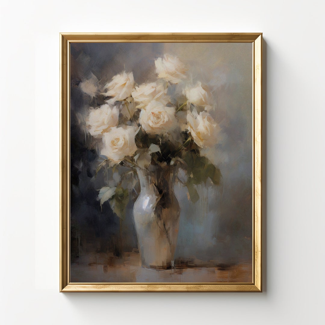 White Roses in Vase | Flowers Still Life | Vintage European Wall Art ...