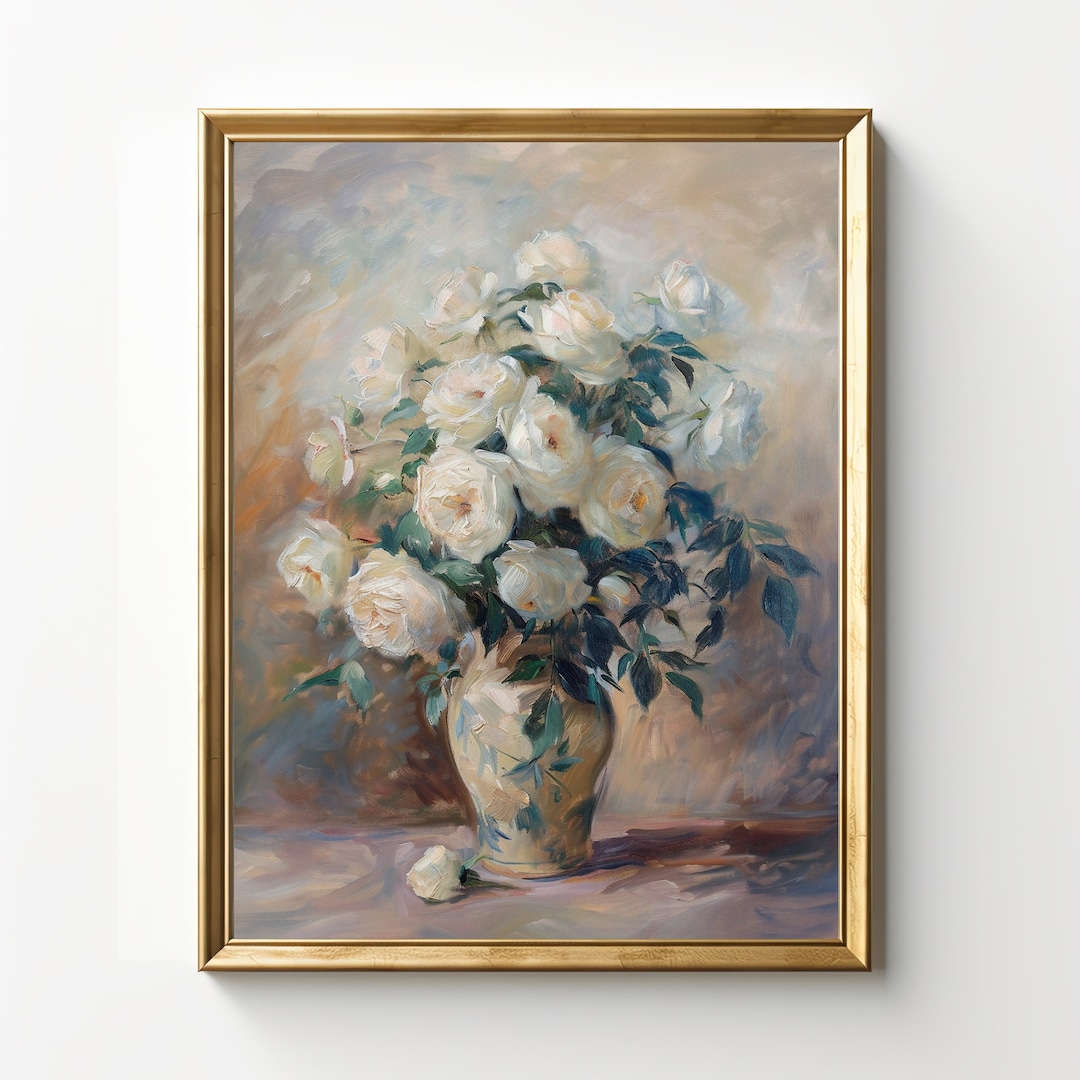 Still Life White Roses | Floral Wall Art | Vintage Oil Painting ...