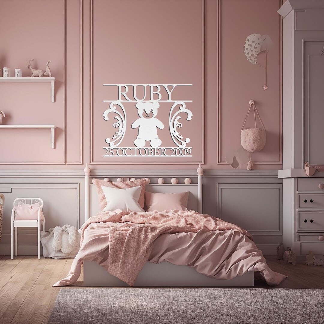 Personalized Metal Teddy Bear Baby Birth Sign, Cute Nursery Name and ...