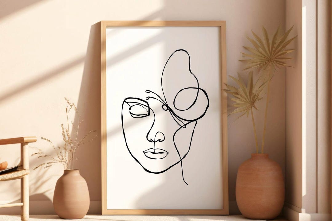 One Line Art Woman With Butterfly, Face, Aesthetic Wall Decor ...