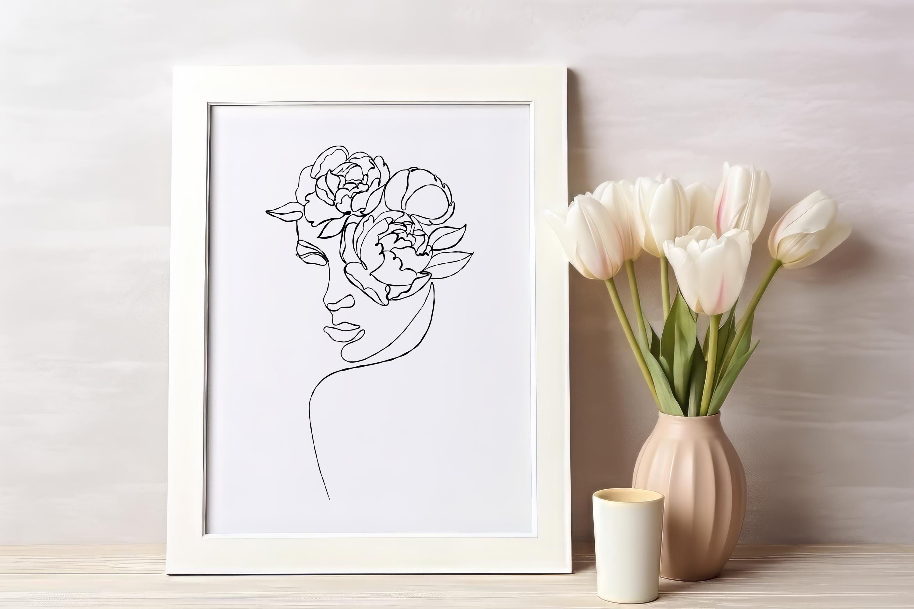 One Line Art Woman, Face With Flowers, Aesthetic Wall Decor ...