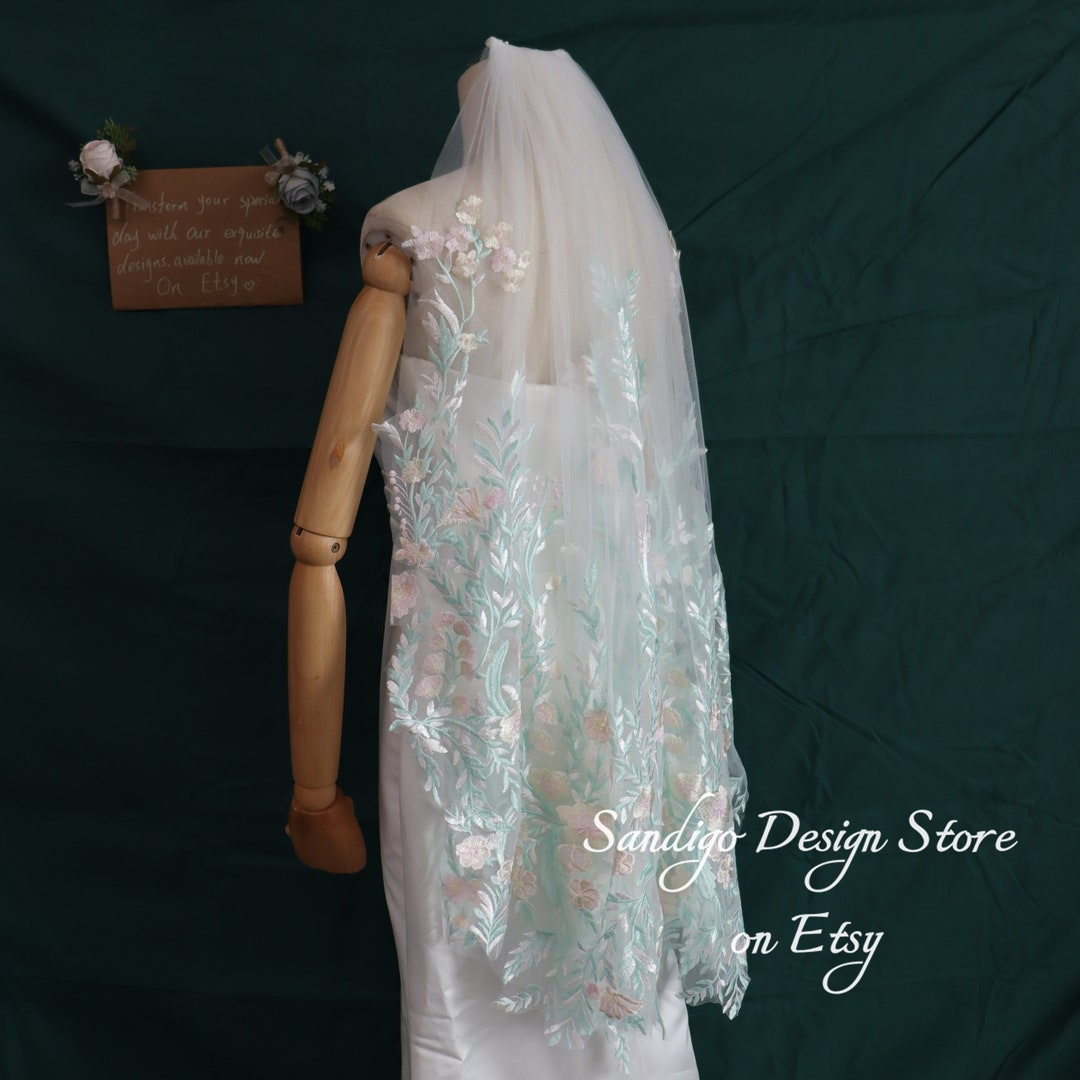 Mint Green Floral Wedding Veil,1 Layer Bridal Veil for Lawn Wedding,green Floral Lace Short ...