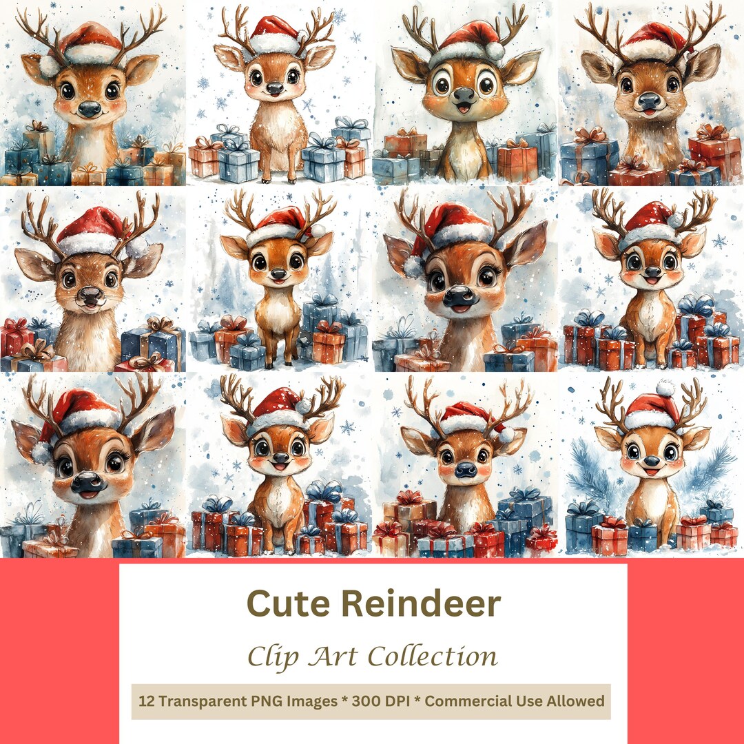 Quirky Reindeer Clipart, Watercolor. Funny Reindeer PNG, Christmas ...