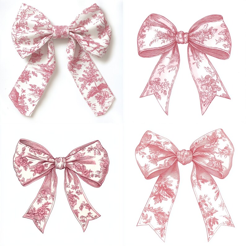 Pink Toile De Jouy Pink Ribbon Bows Png Clipart Set Coquette Pink Bow ...