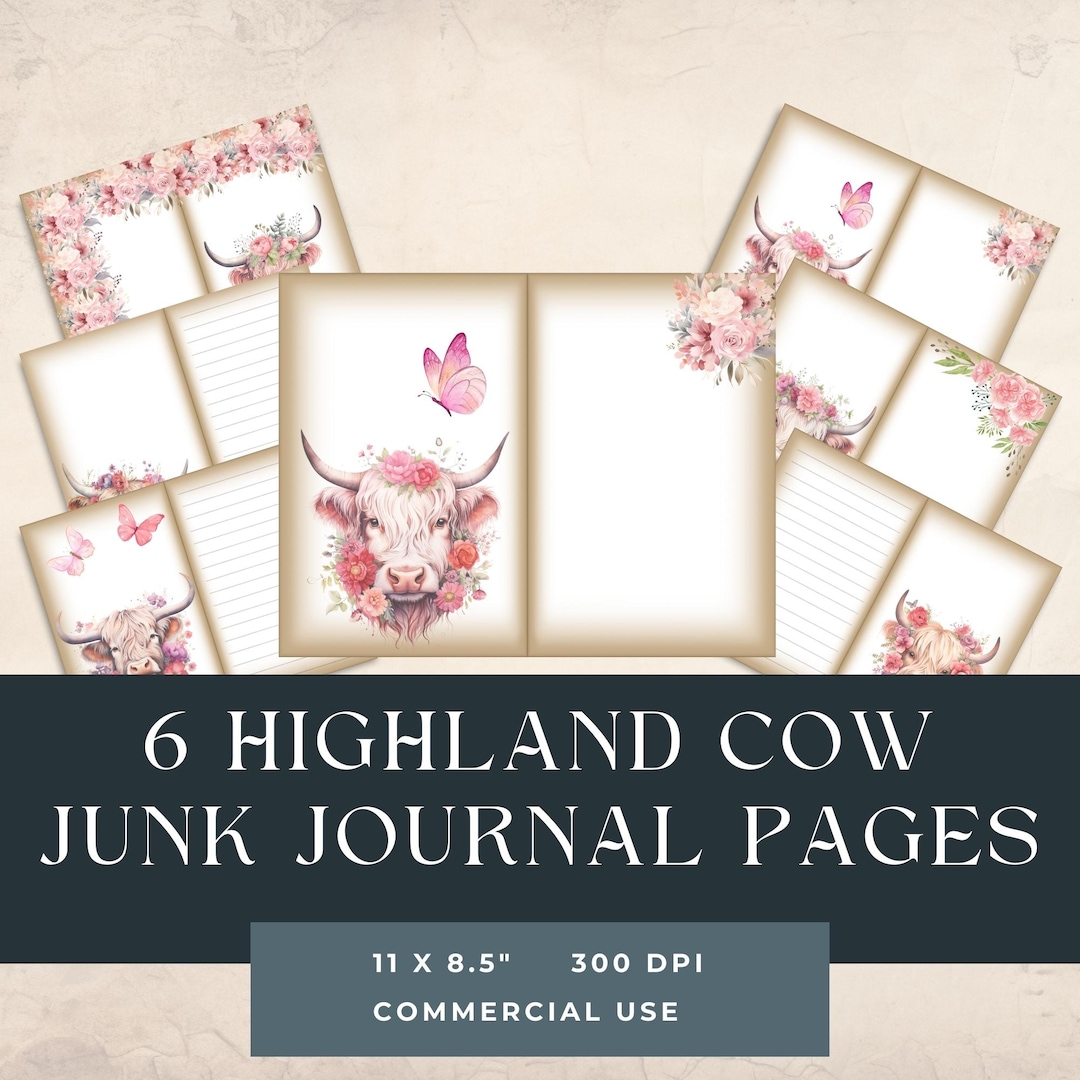 Highland Cow Junk Journal Digital Paper, 6 Digital Journal Pages ...