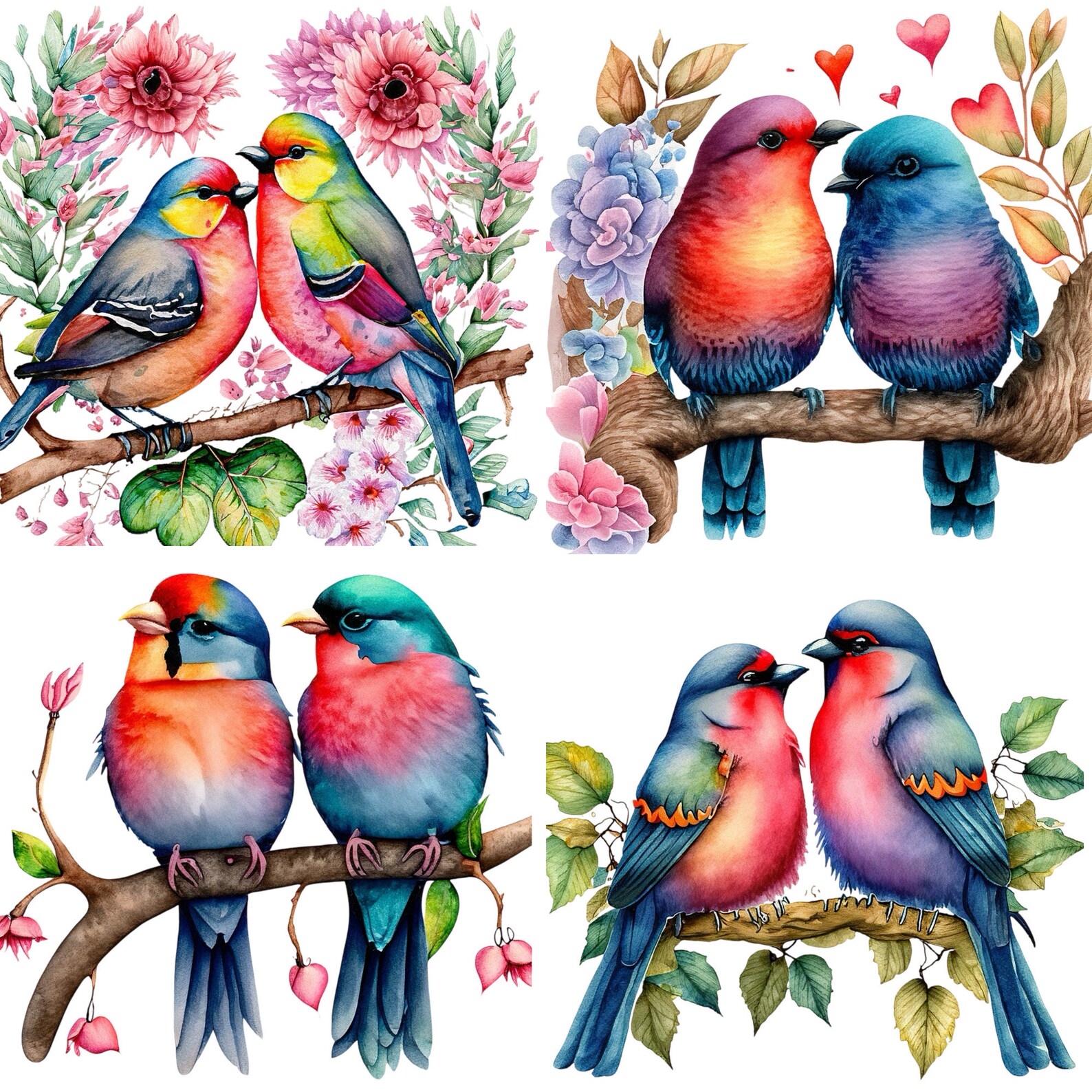 Lovebird Clip Art, Watercolor Lovebirds, Colorful Lovebirds, Bird ...