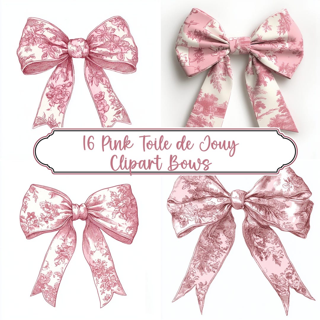 Pink Toile De Jouy Pink Ribbon Bows Png Clipart Set Coquette Pink Bow ...
