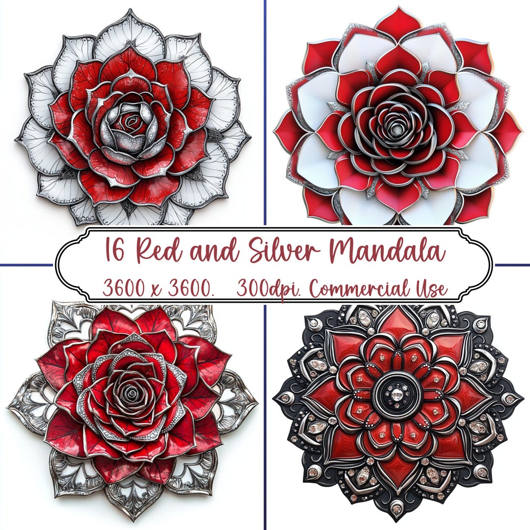 Red and Silver Mandala Collection of 16 Floral Mandala PNG Clipart ...