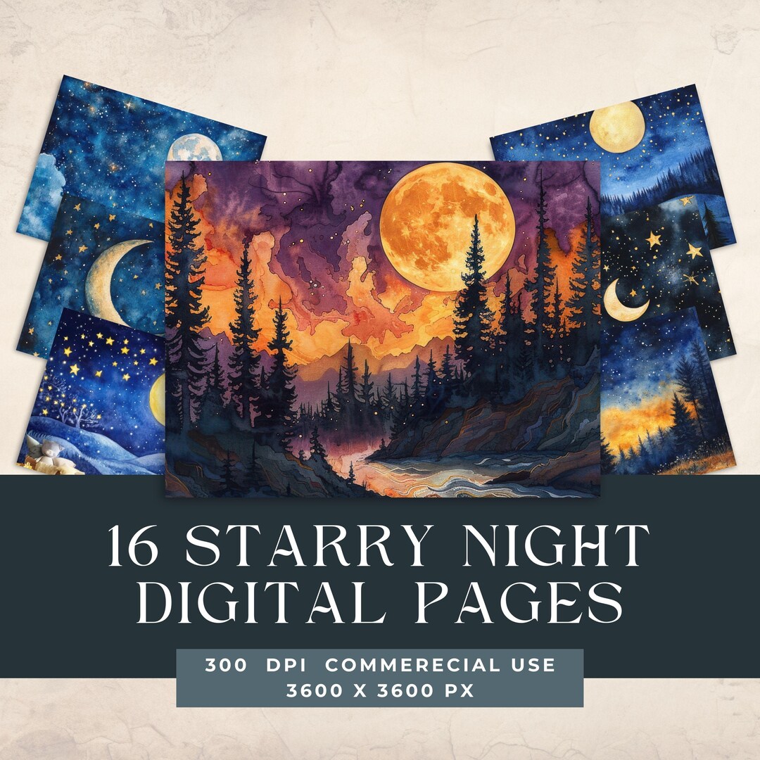 16 Watercolor Magical Night Sky Digital Background - Starry Night Moon ...