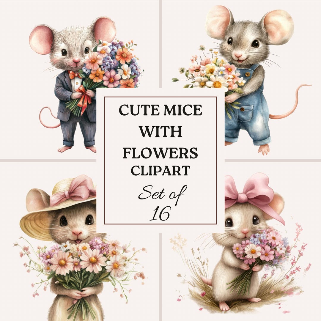 Mouse and Flower Clipart | 16 High Quality Pngs | Digital Download ...