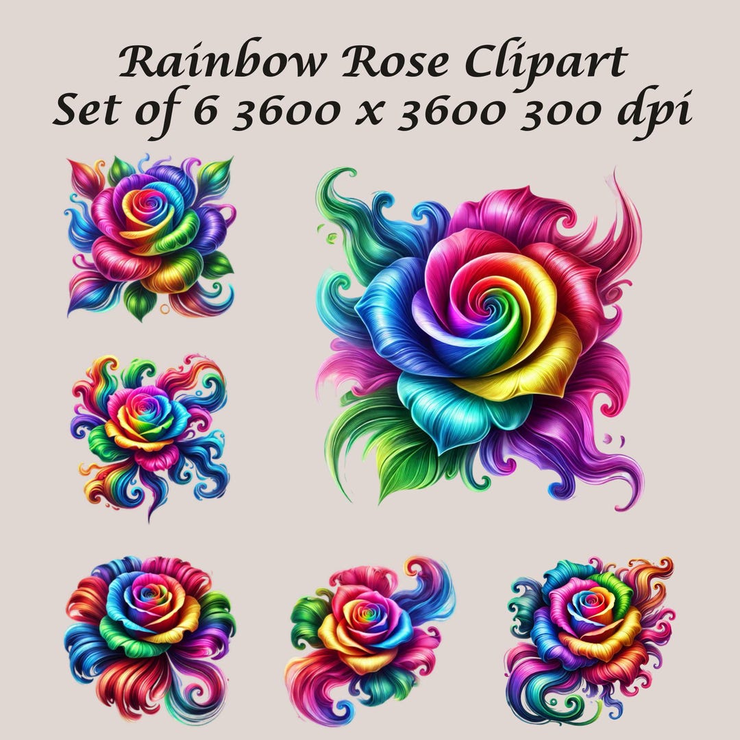 Rainbow Roses Collection of 6 Rainbow Rose PNG Clipart Set, Transparent ...