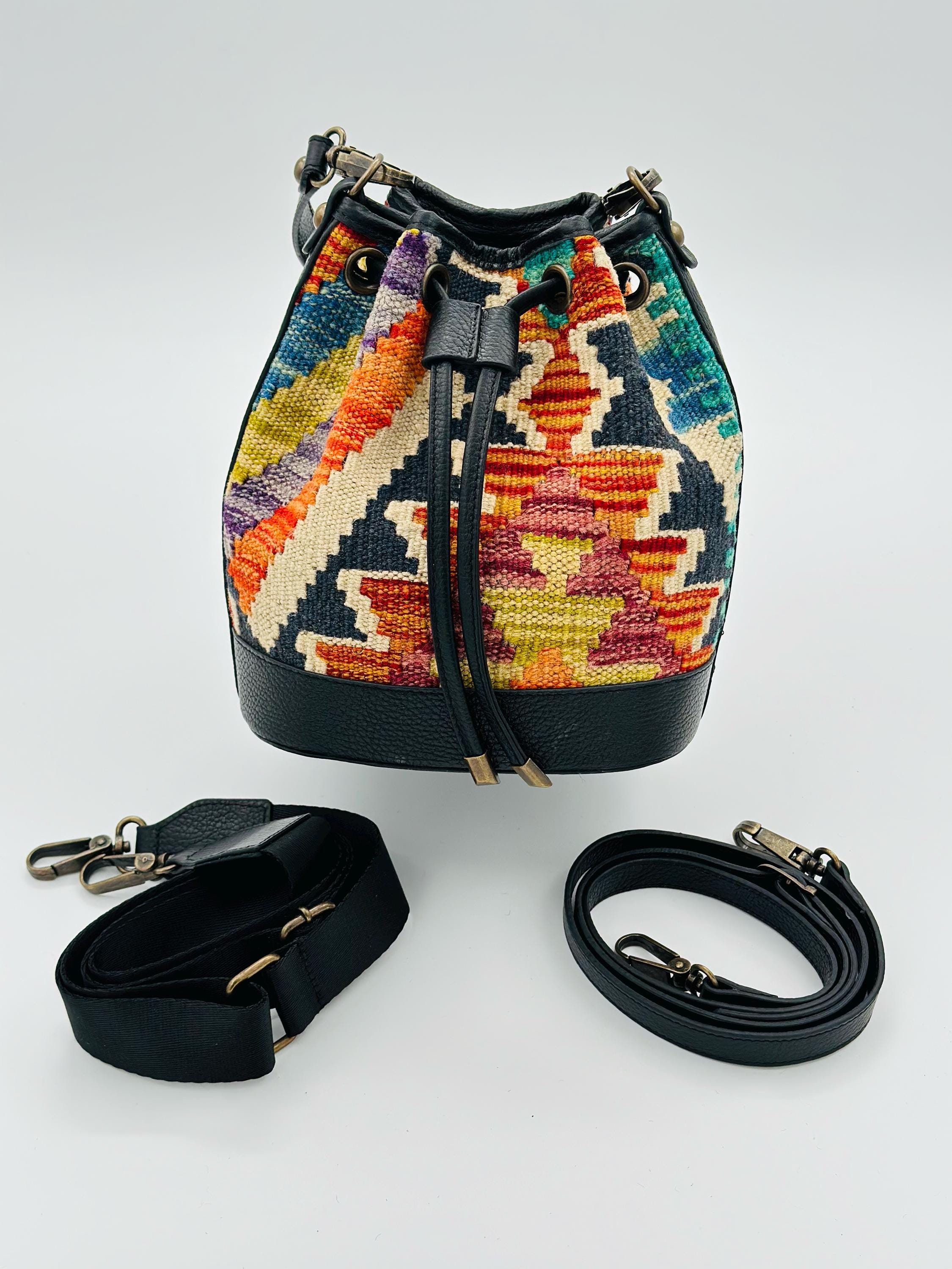 Kilim Bucket Bag, Leather Bag, Kilim Bags, Crossbody Bag, Vintage Kilim ...