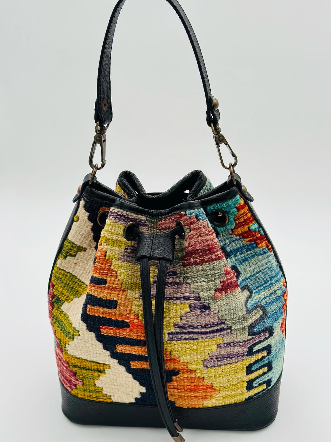 Kilim Bucket Bag, Leather Bag, Kilim Bags, Crossbody Bag, Vintage Kilim ...