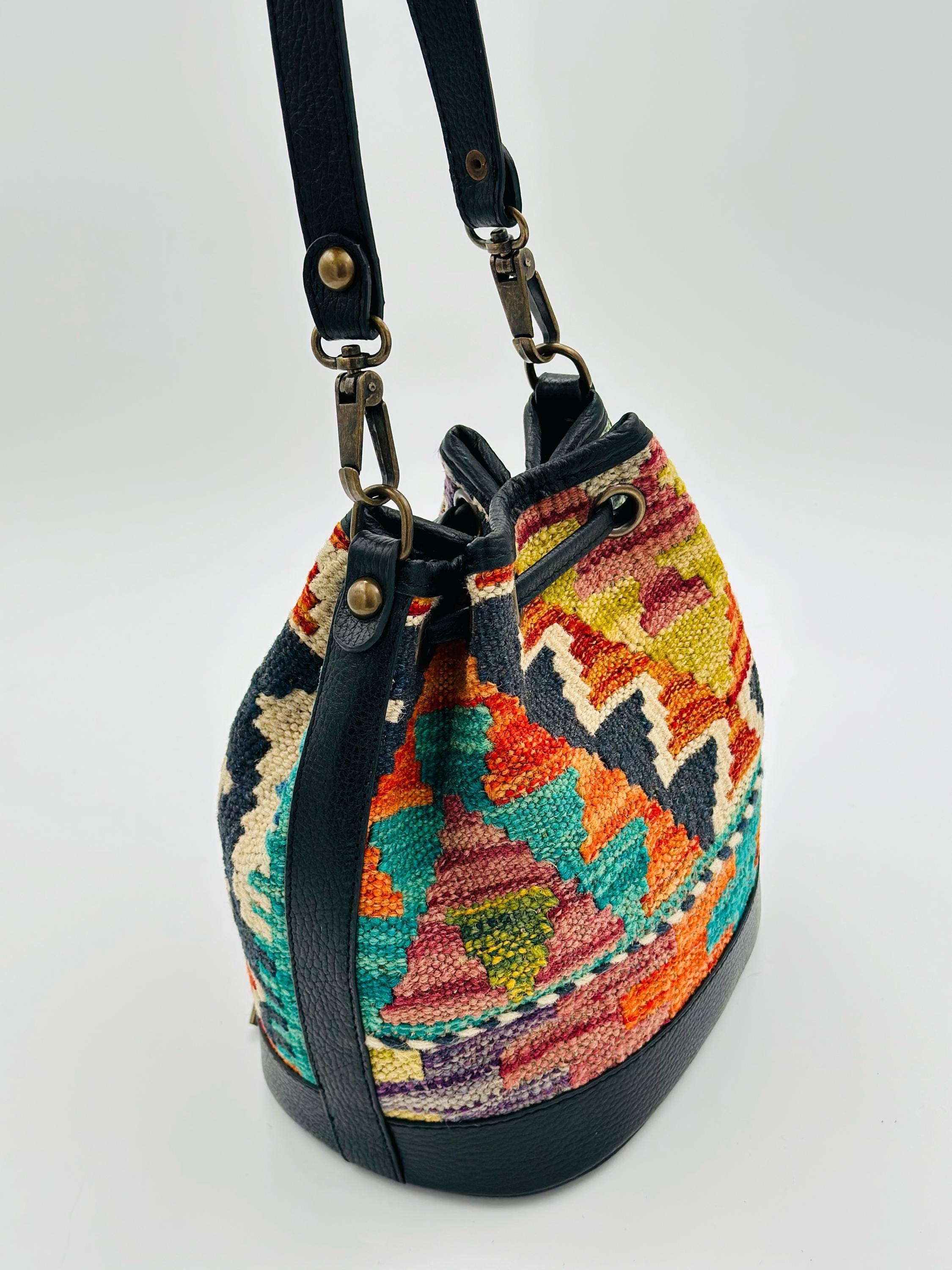 Kilim Bucket Bag, Leather Bag, Kilim Bags, Crossbody Bag, Vintage Kilim ...