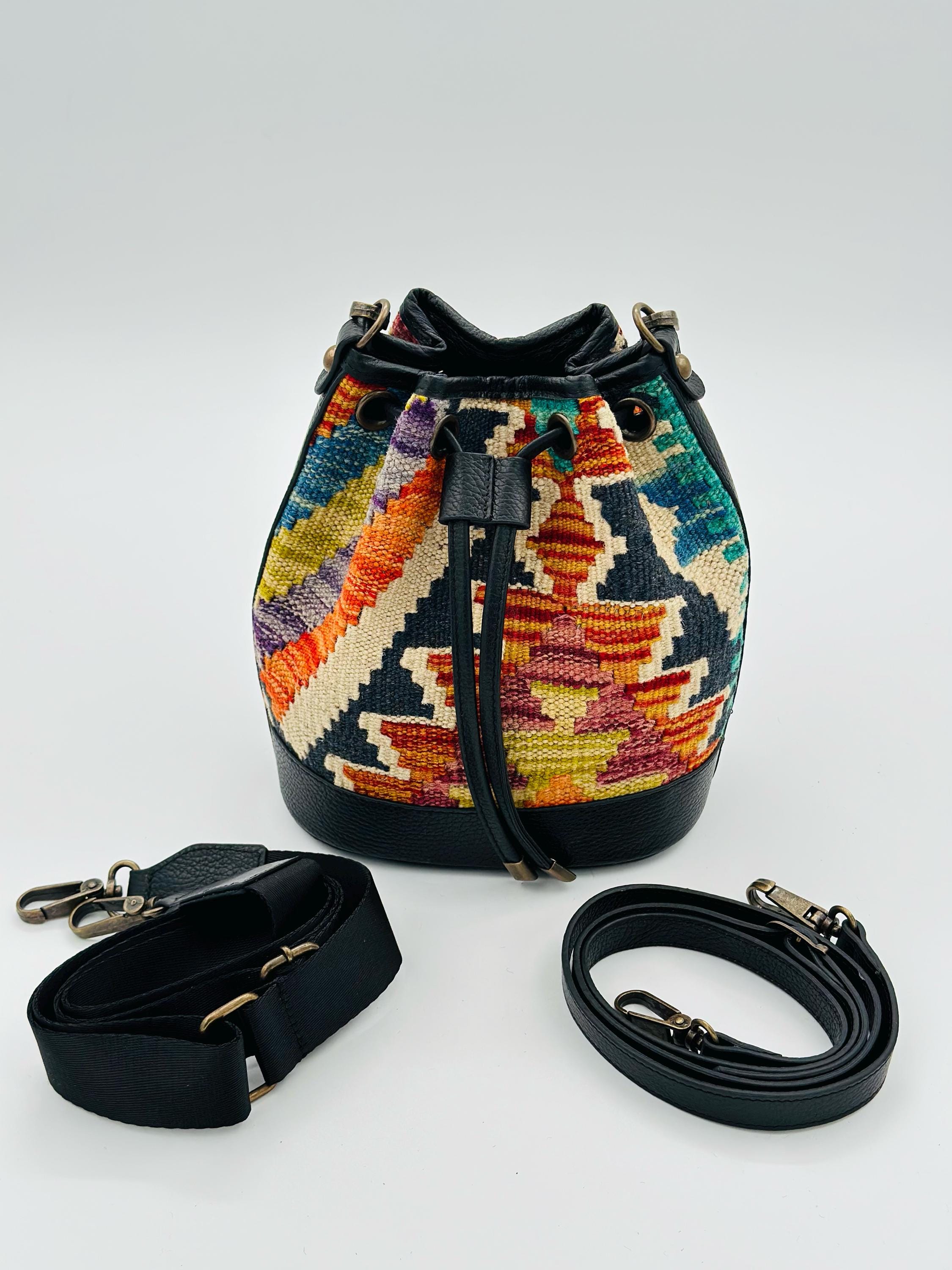 Kilim Bucket Bag, Leather Bag, Kilim Bags, Crossbody Bag, Vintage Kilim ...